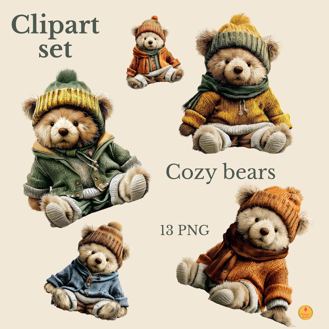Cozy Bears Clipart Set – Cute Winter Teddy Bears, Cozy Kids ...
