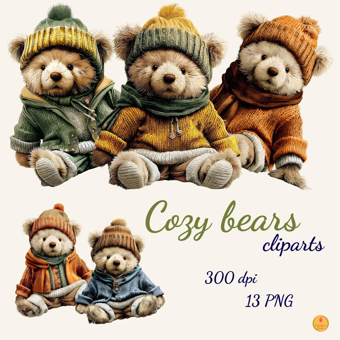 Cozy Bears Clipart Set - Cute Winter Bears PNG Bundle - 13 PNG ...