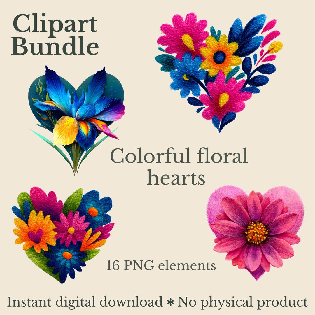 Colorful Floral Hearts Clipart Bundle - Romantic Flower Hearts - 16 PNG ...