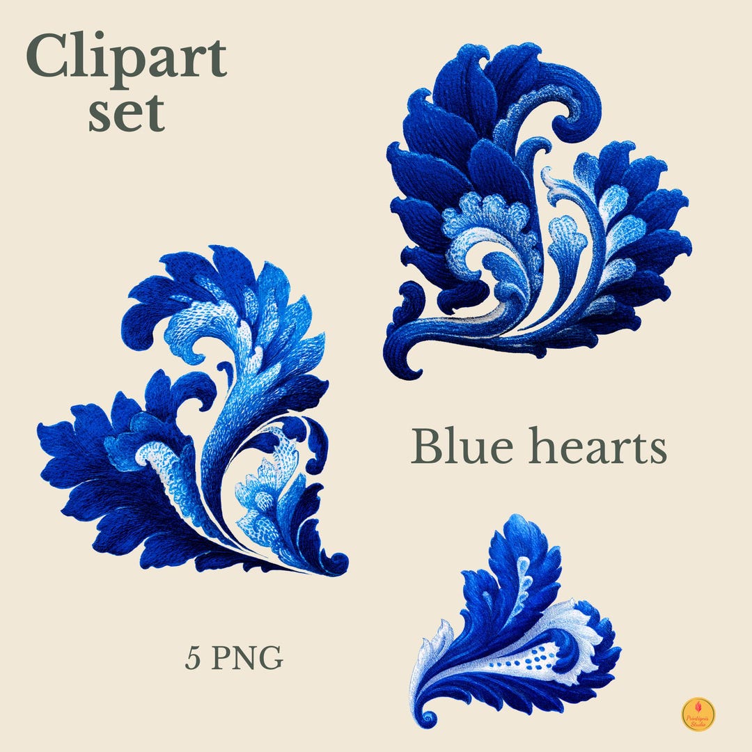 Blue Hearts Clipart Set – Ornamental Floral Heart Illustrations ...
