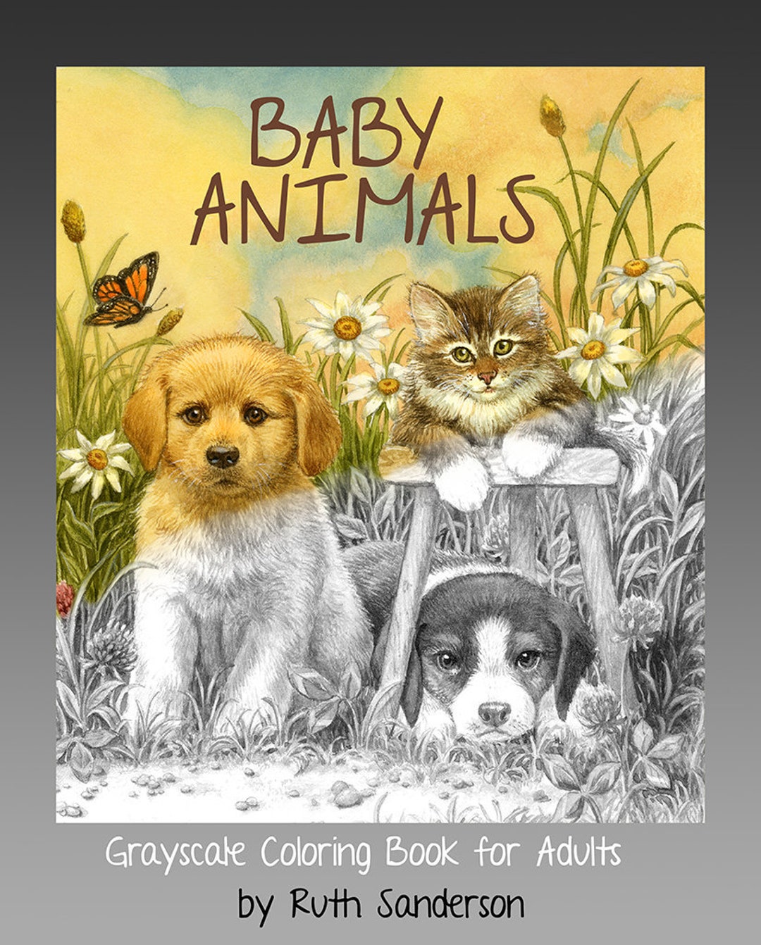 BABY ANIMALS: 24 Grayscale Coloring Pages for Adults as Instant PDF ...