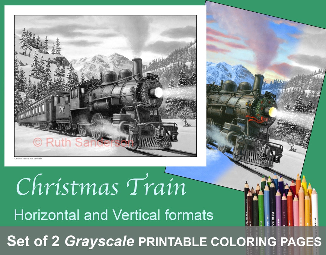 WINTER TRAIN: Set of 2 Grayscale Coloring Pages for Adults in Printable ...