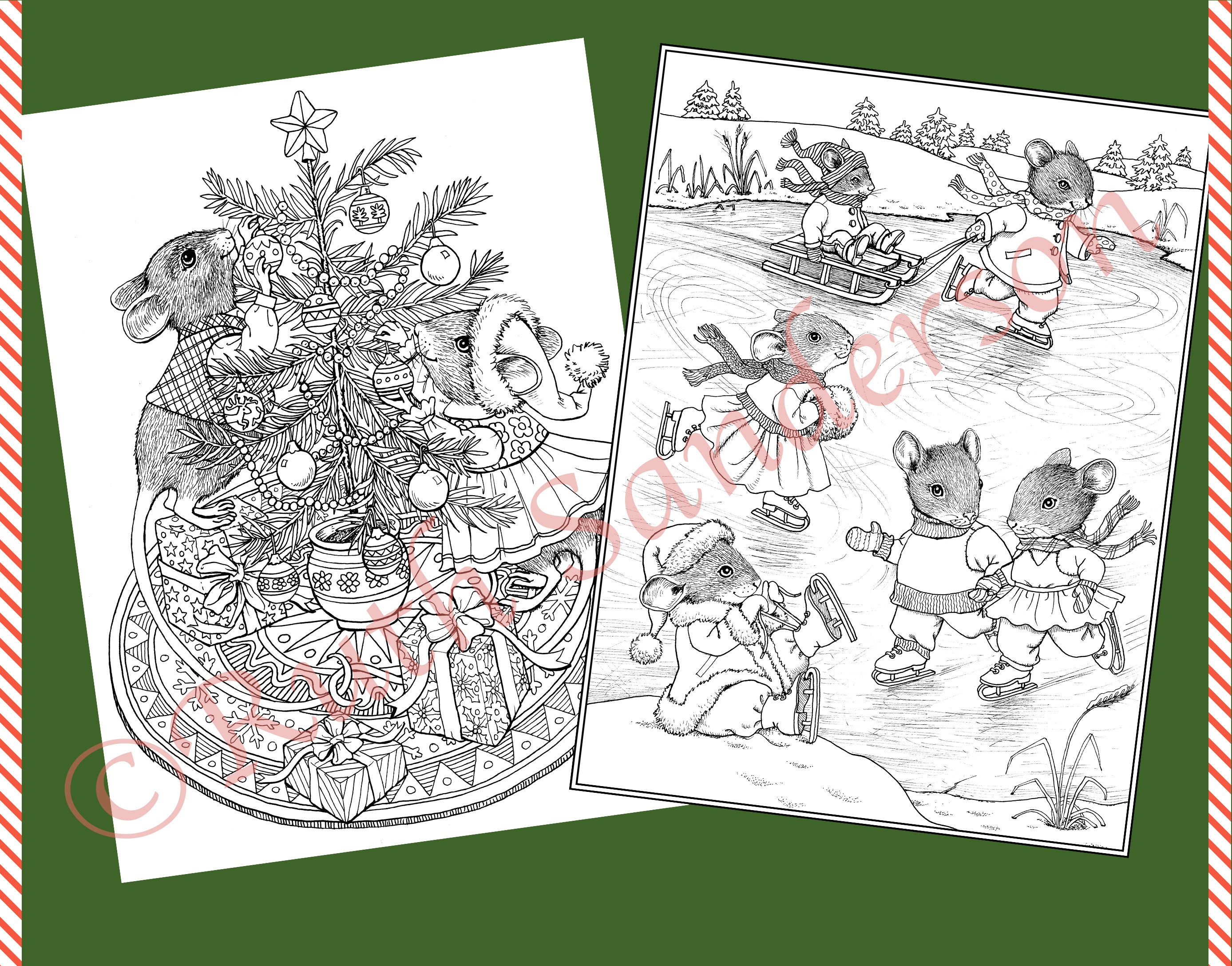 CHRISTMAS MICE: 12 Printable PDF Coloring Pages for Adults | Etsy