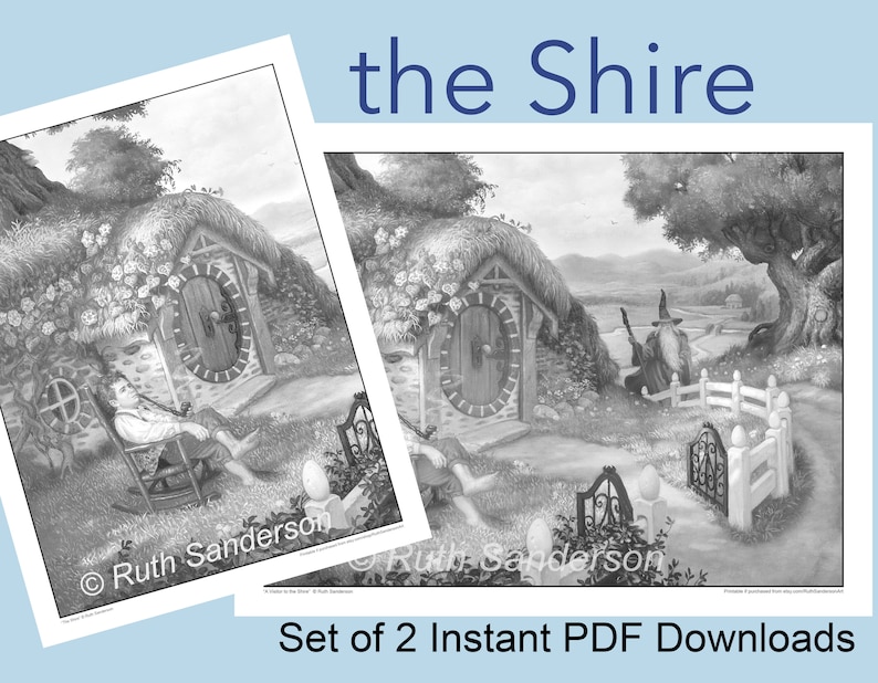 THE SHIRE Set of Two Grayscale Coloring Pages for Adults as Instant PDF ...