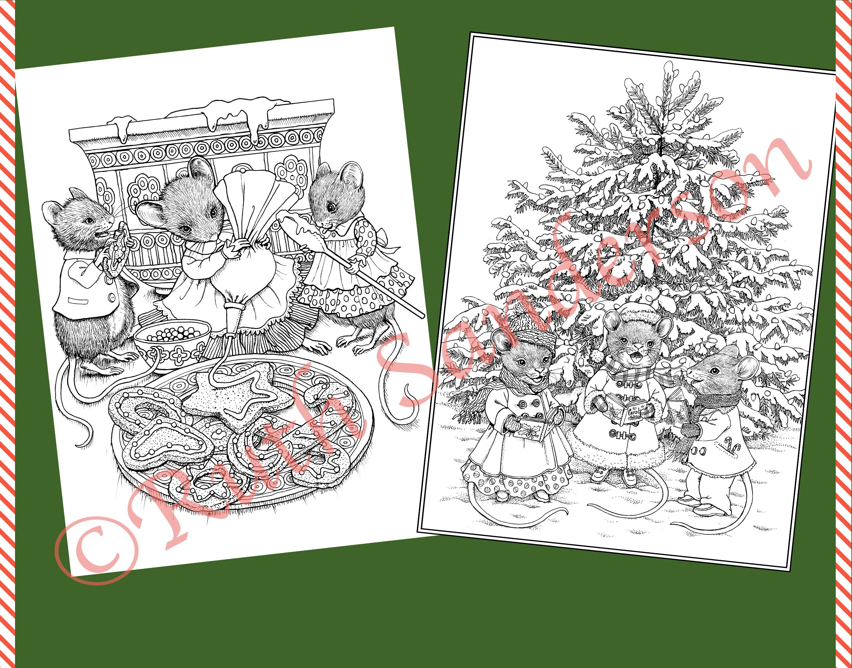 CHRISTMAS MICE: 12 Printable PDF Coloring Pages for Adults | Etsy