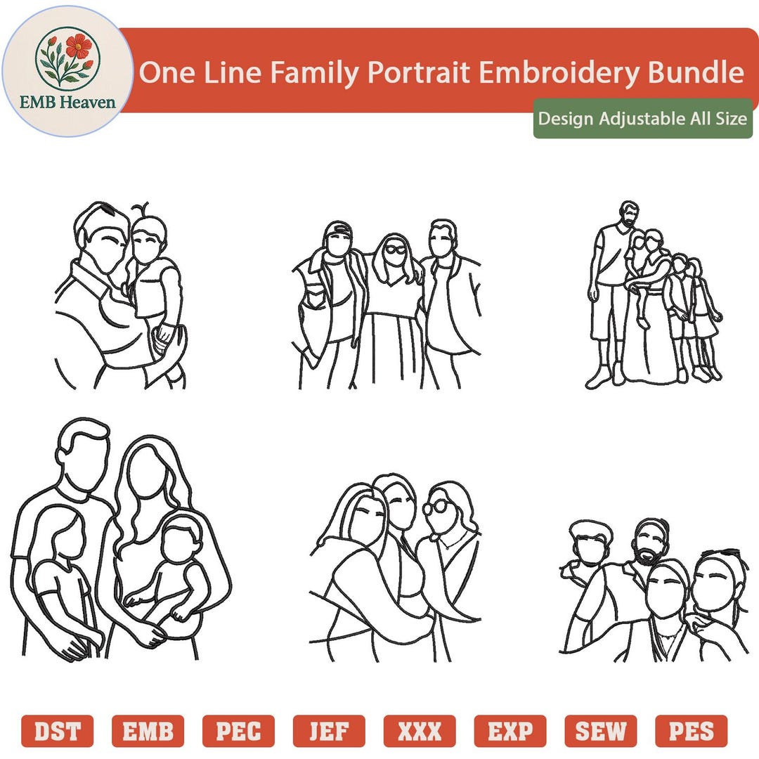 One Line Family Portrait Embroidery Design Minimalist Outline Stitch ...