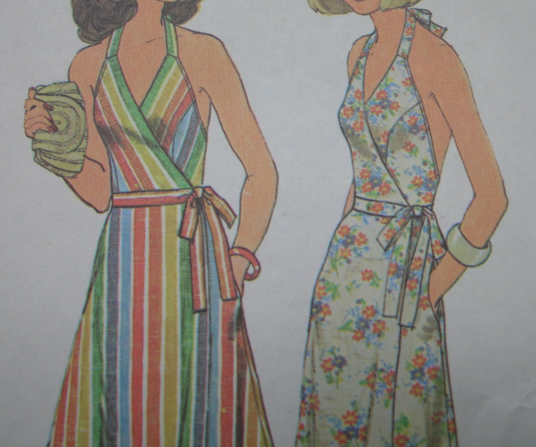 1970s Simplicity 7484 FACTORY FOLDED Vintage Sewing Pattern Front-wrap HALTER Dress in Two ...
