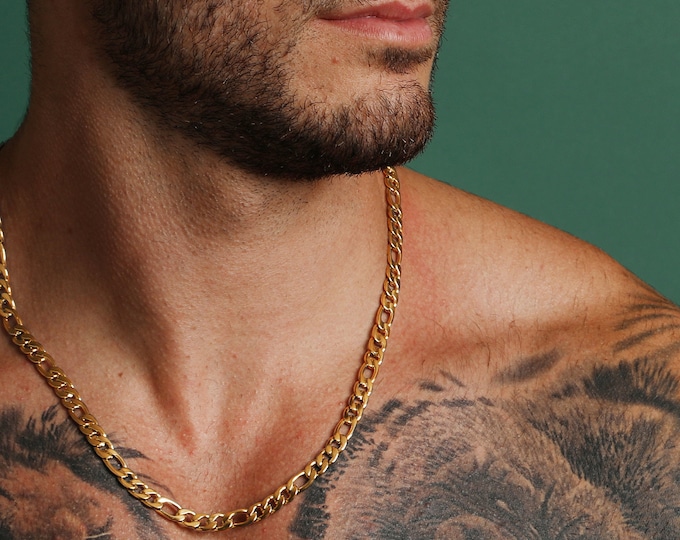 7mm Thick Chain for Men / Men's Gold Necklace Figaro Style Chain ...