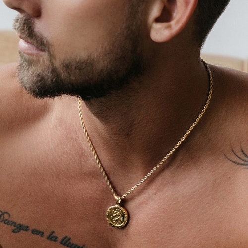Men's Necklace 14k Gold Plated Stainless Steel Saint - Etsy