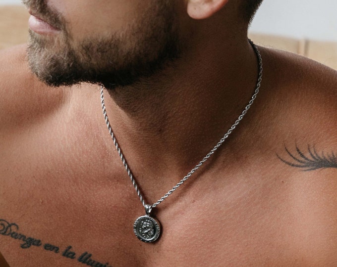 Waterproof Men's Necklace Stainless Steel St. Christopher Round Medal ...