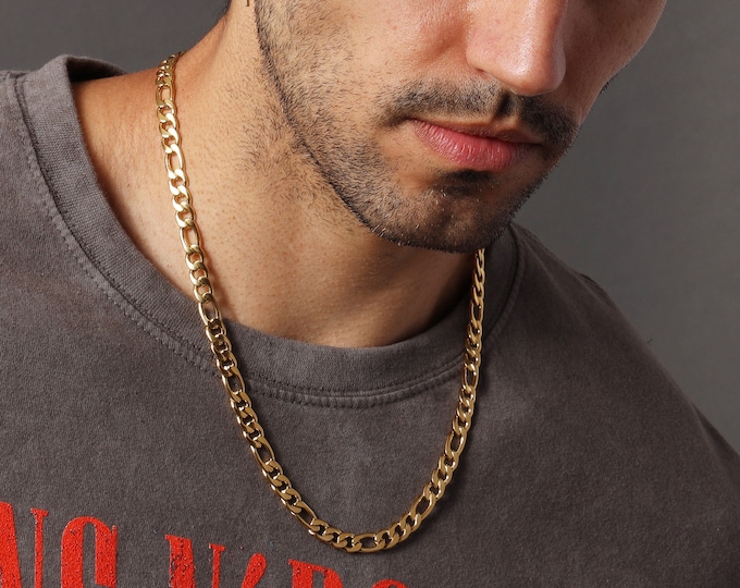 Thick Figaro Chain / 7mm Chain for Men / Men's Gold Plated Necklace ...