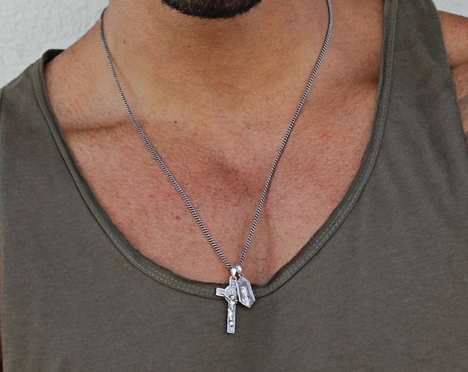 Men's Silver Cross Necklace / Cross and Mary Medals for Men / Catholic ...