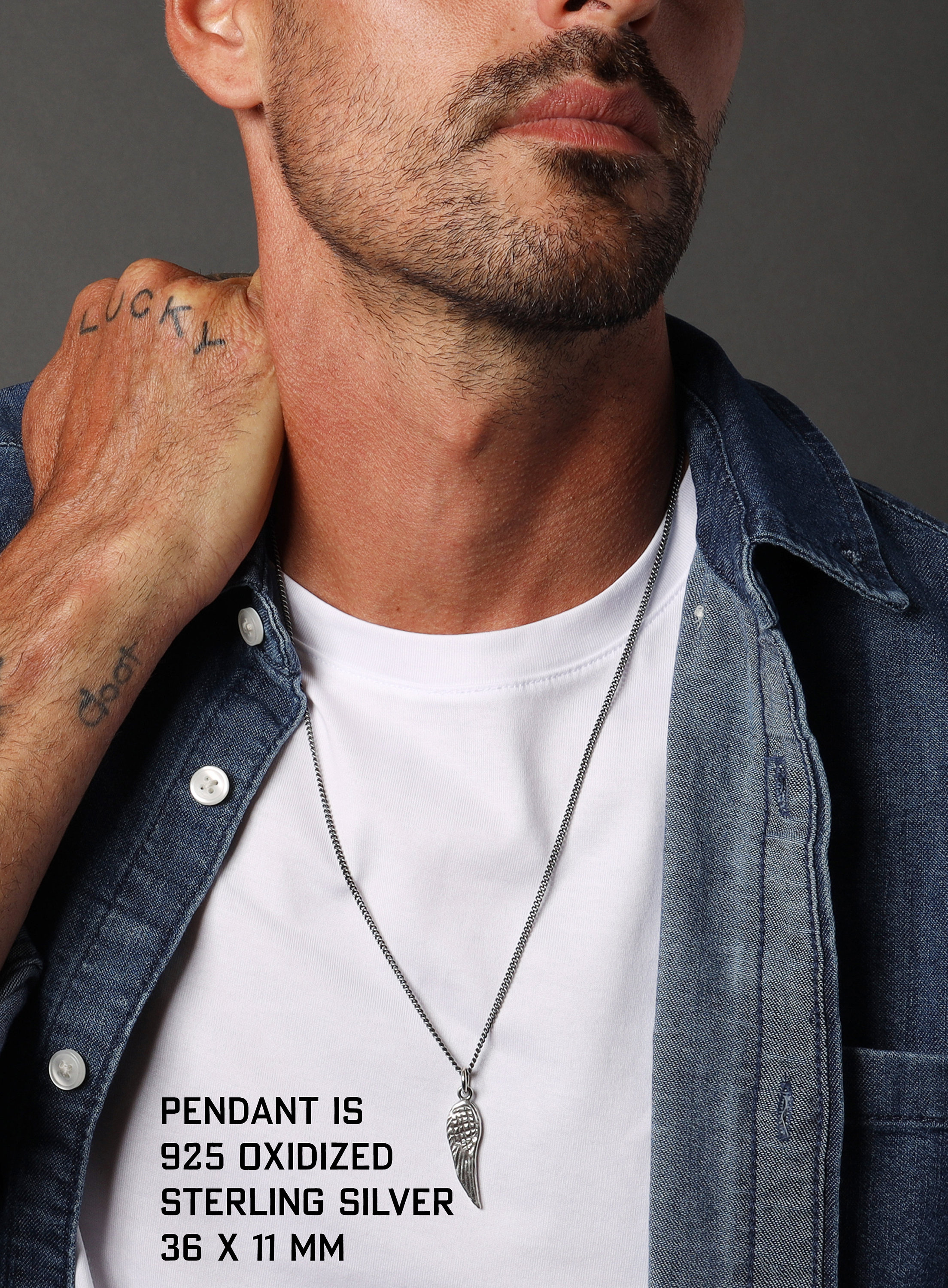 Men's Necklace 925 Sterling Silver Wing Pendant on Oxidized Sterling ...
