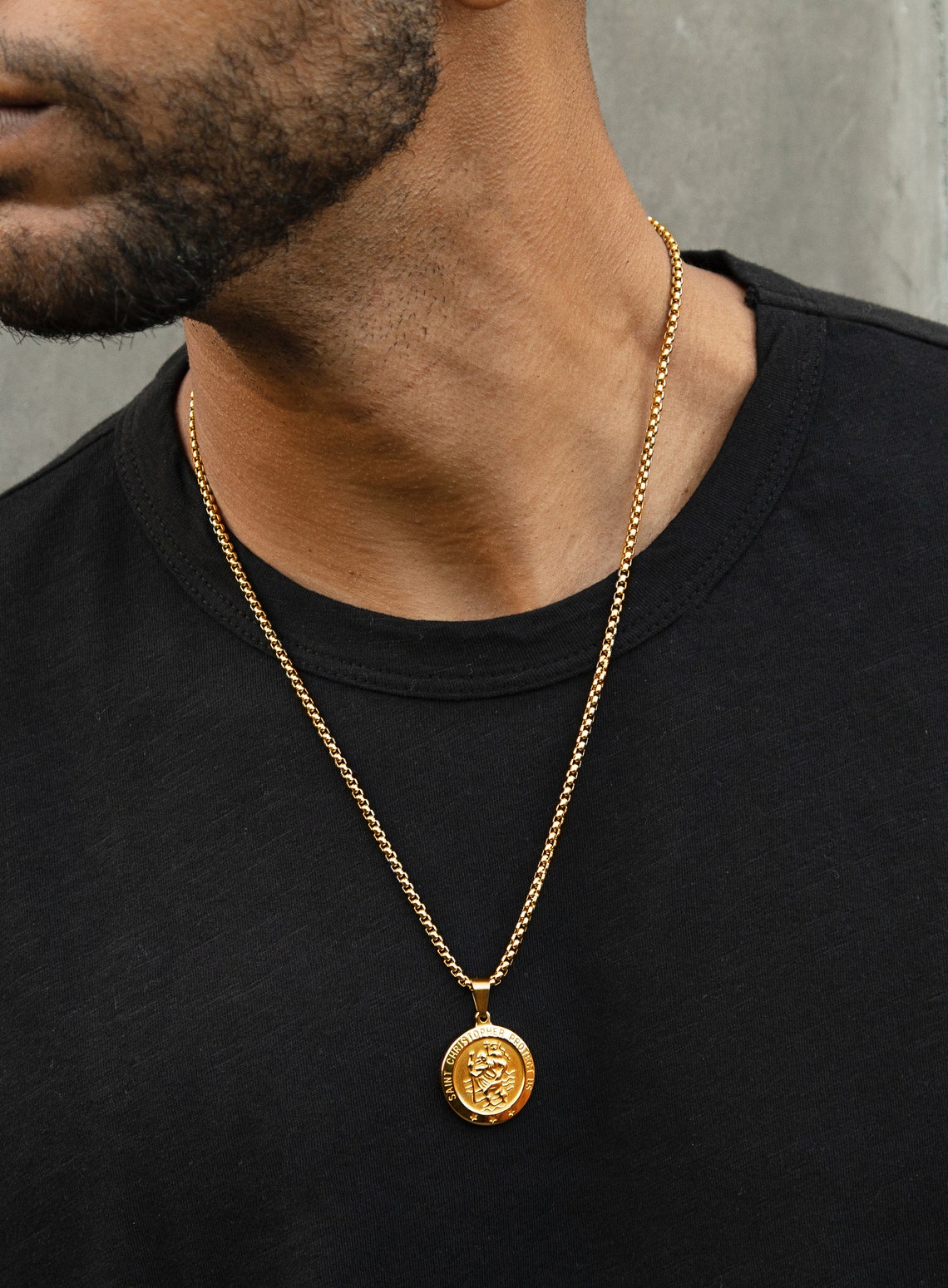 Men's Necklace - 14k Gold Plated Stainless Steel Saint Christopher ...