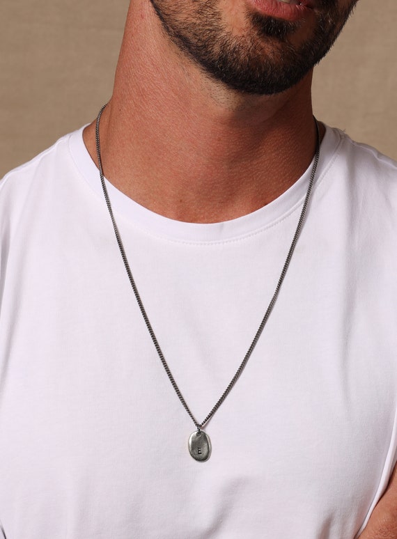 Initial Necklace for Men Men s Necklaces Custom personalized letter pendant Sterling silver chain Pewter tag Monogram Initial tag Etsy