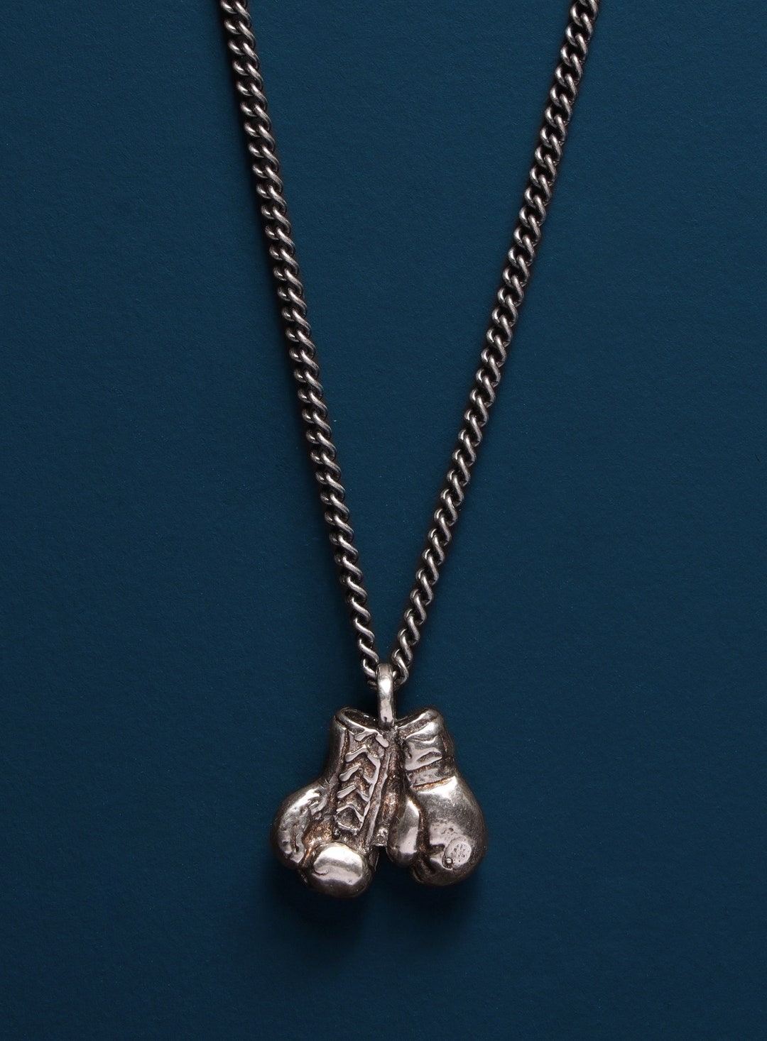 Men's Necklace - 925 Oxidized Sterling Silver Boxing Gloves Pendant ...