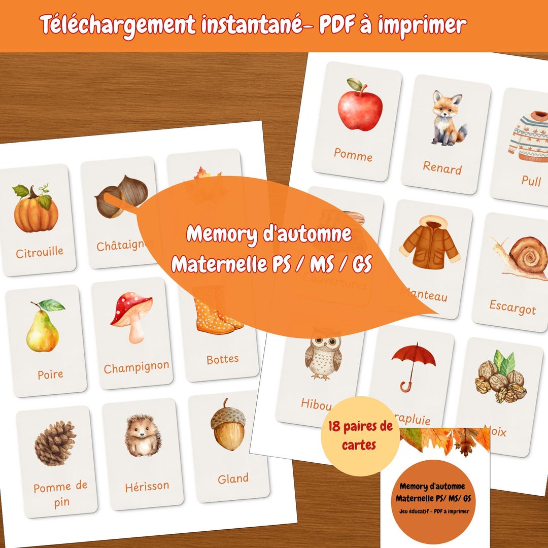 French Fall Memory Game | 18 Matching Vocabulary Cards | Printable ...