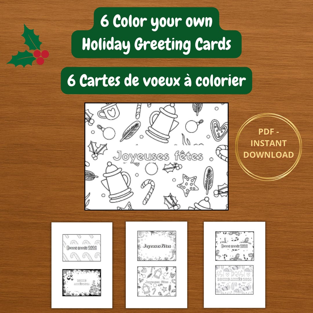 6 Printable Holiday Coloring Cards – “joyeuses Fêtes / Bonne Année ...