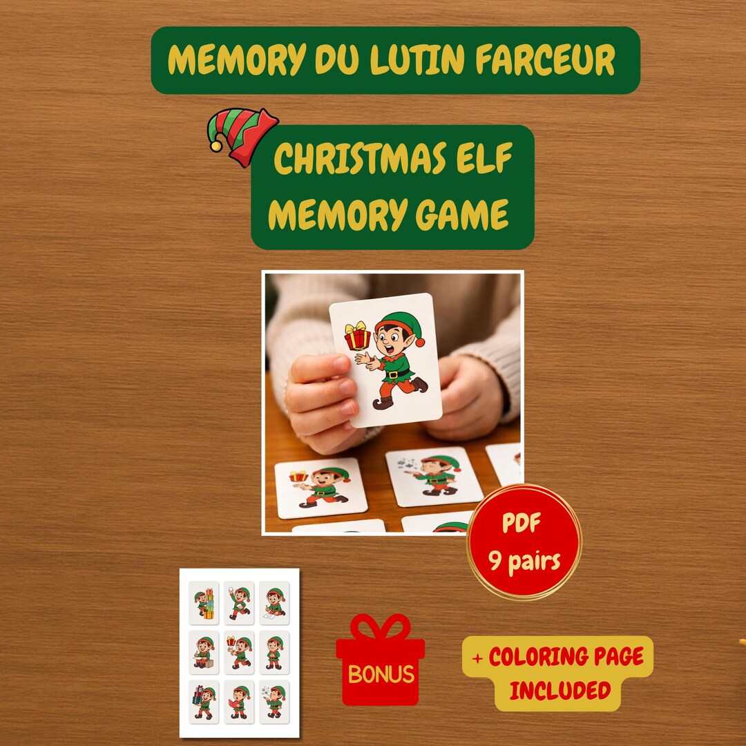 Christmas Elf Memory Game Printable – Kids Matching Game – 9 Pairs ...