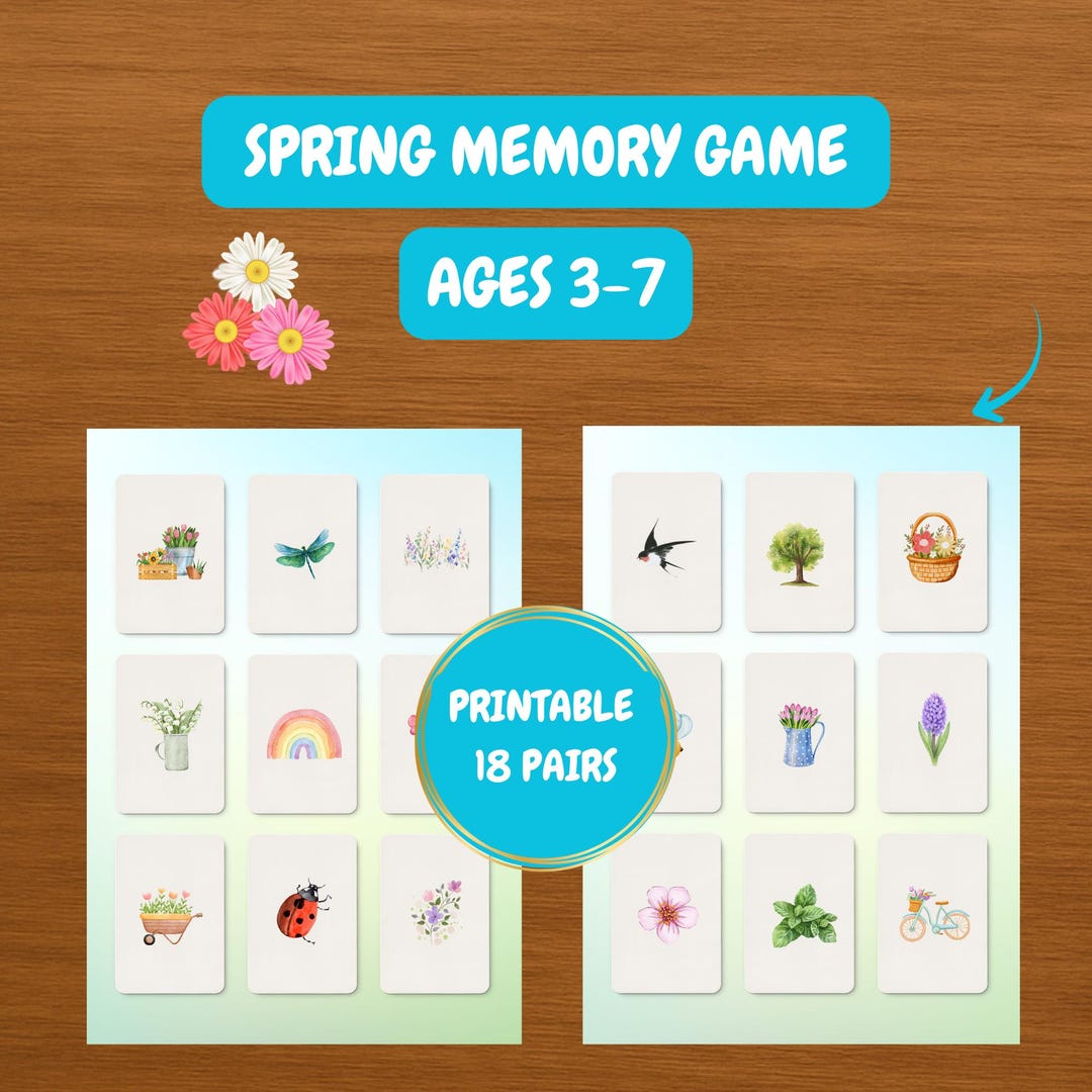 Spring Memory Game Printable for Kids – 18 Pairs – Spring Activities ...
