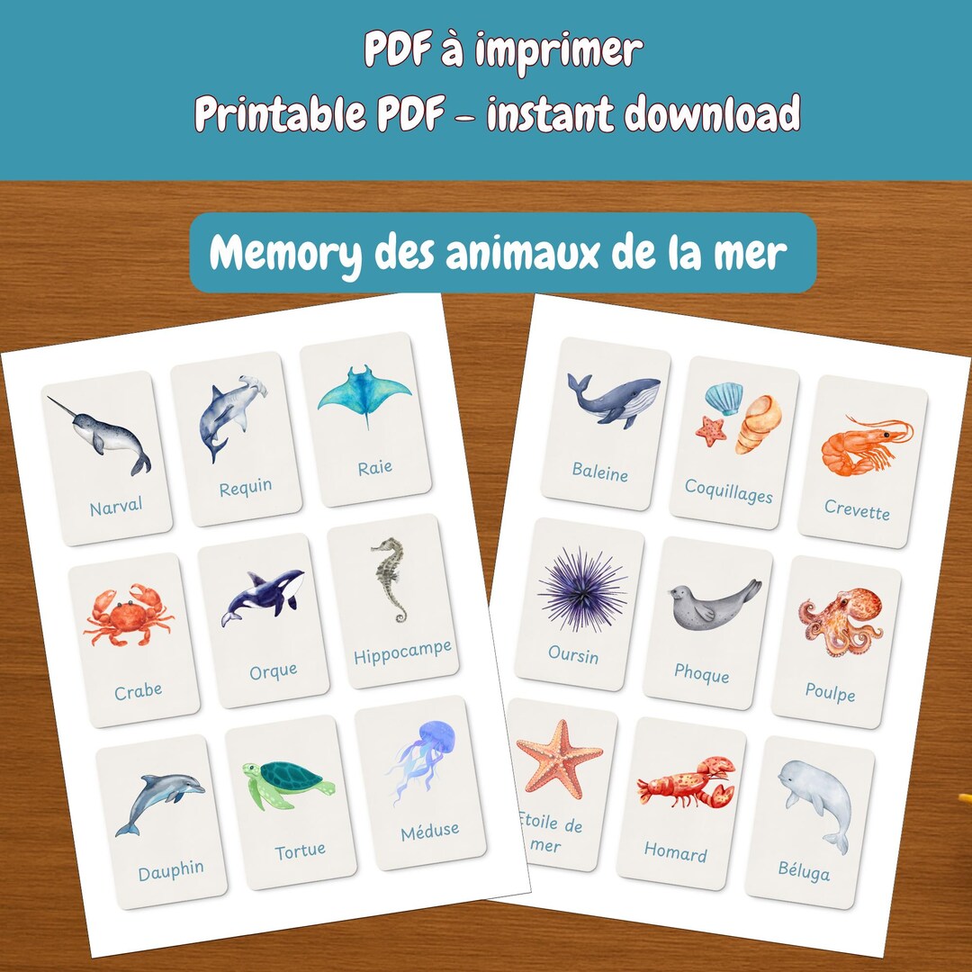 Ocean Animals Memory Game Printable – 18 Matching Pairs – French ...