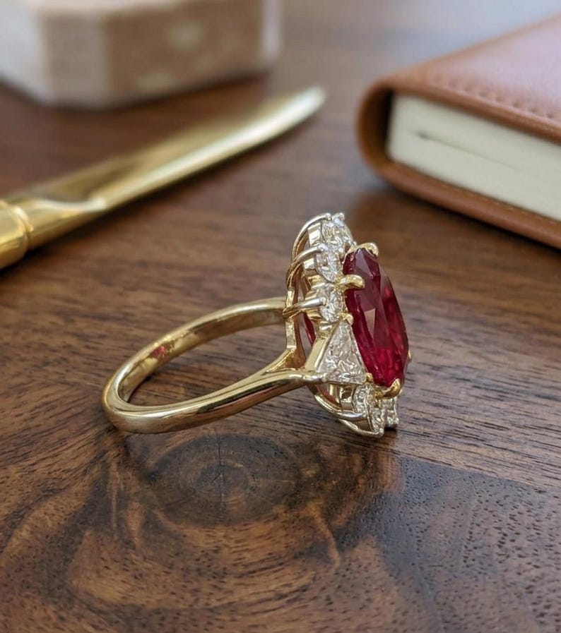 Oval Red Lab Diamond Engagement Ring, Vintage Halo Bridal, Solid Gold ...
