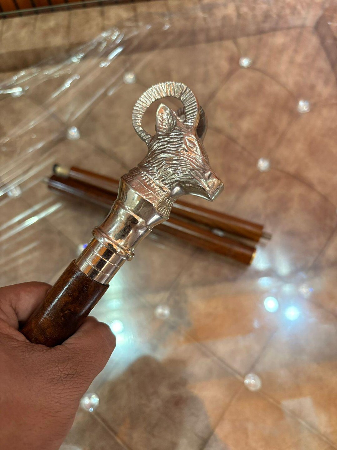 Handmade Brass Design Goat Head Handle Wooden Shaft Walking Cane Stick ...