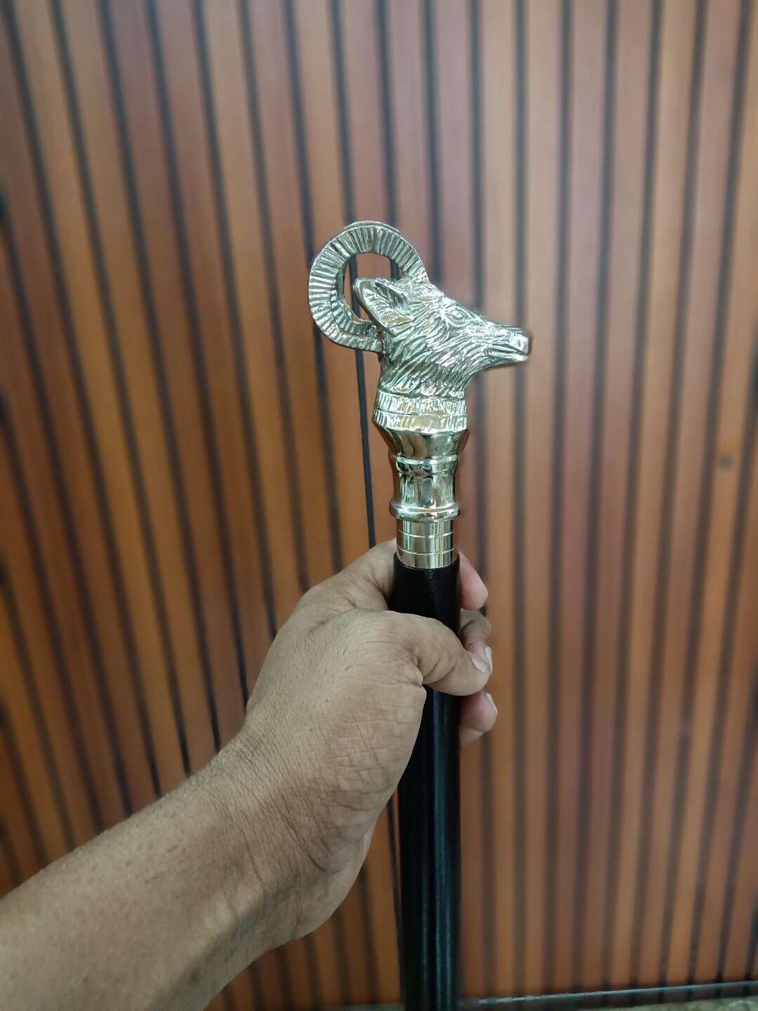 Handmade Brass Design Goat Head Handle Silver Plated Wooden Shaft ...