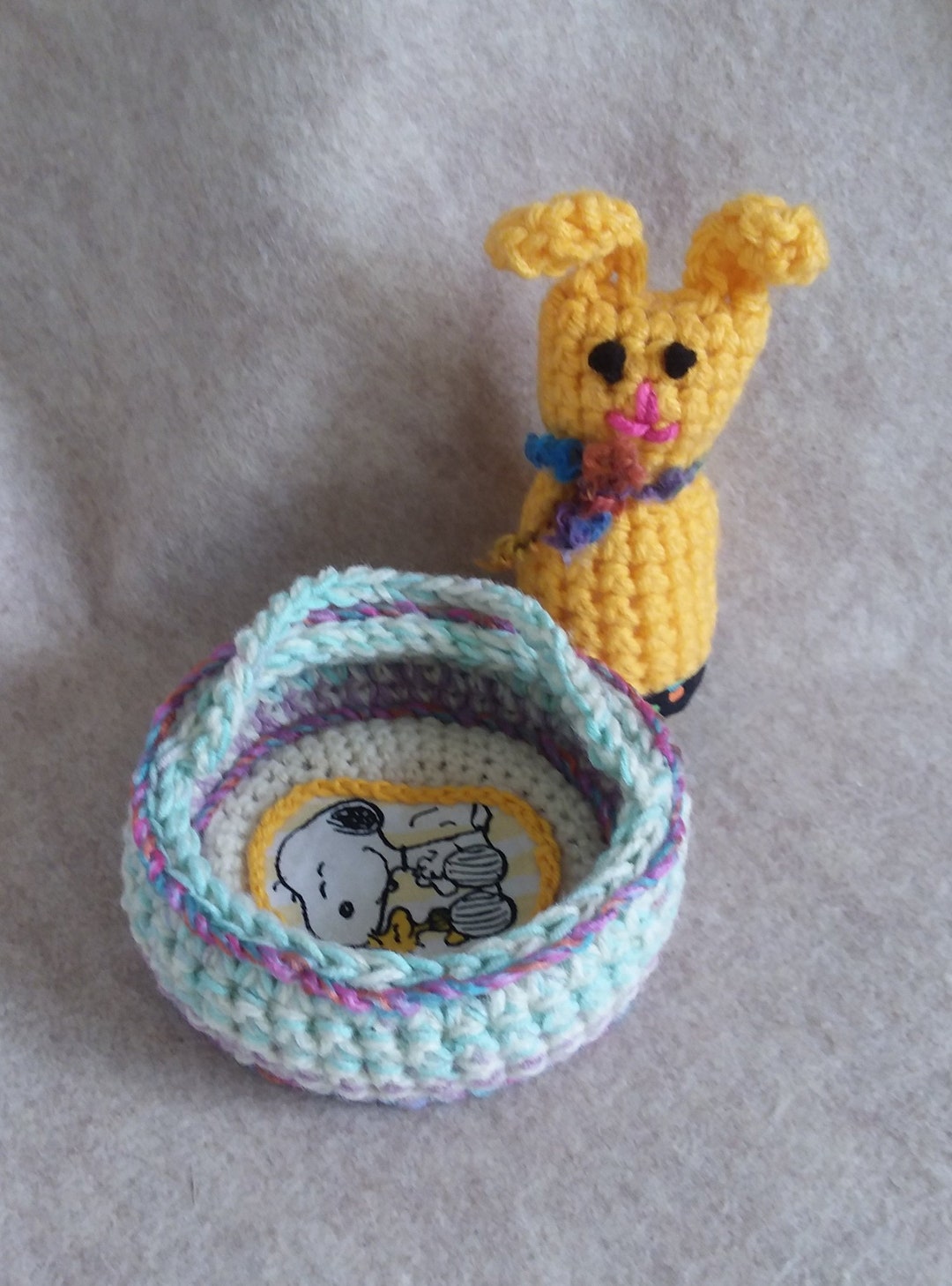 Snoopy Easter Basket, Crochet Candy Basket W/yellow Bunny - Etsy