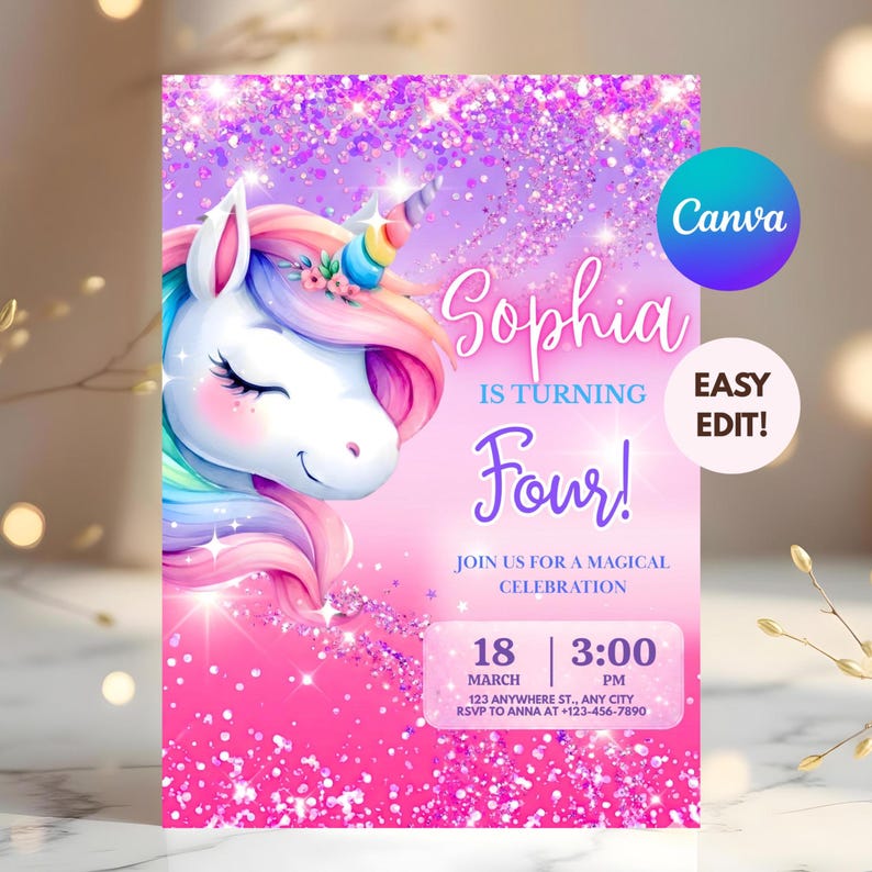 Unicorn Birthday Invitation Template, Pink Magical Sparkle Party Invite ...