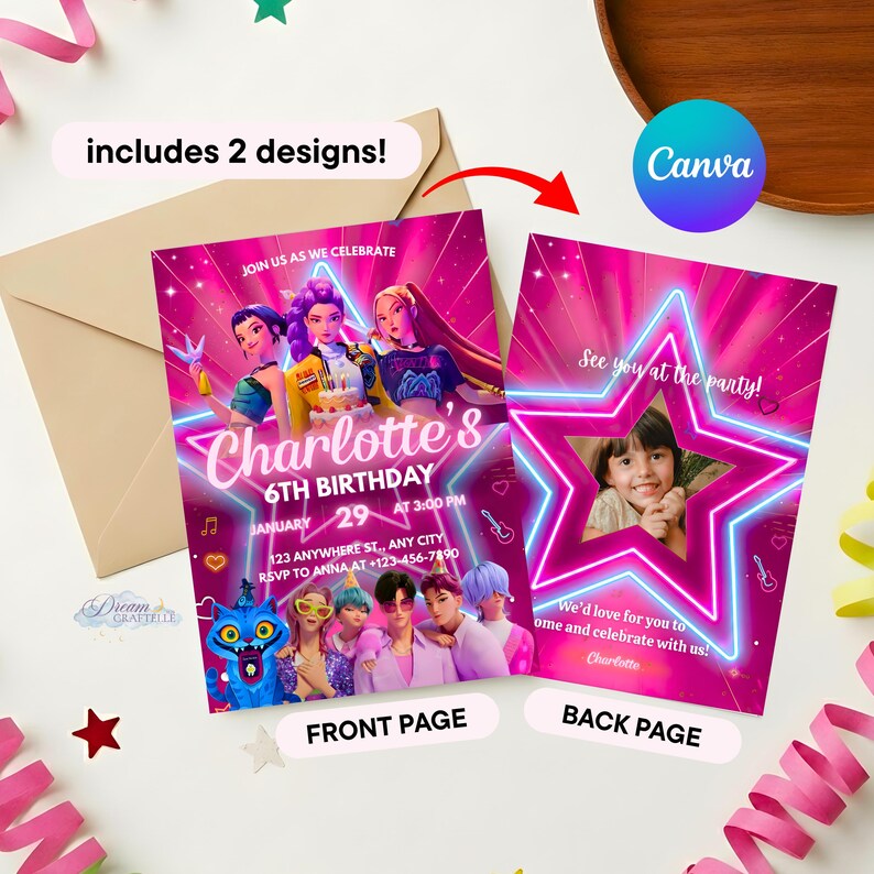 Kpop Demon Hunters Birthday Invitation, Editable Canva Template ...