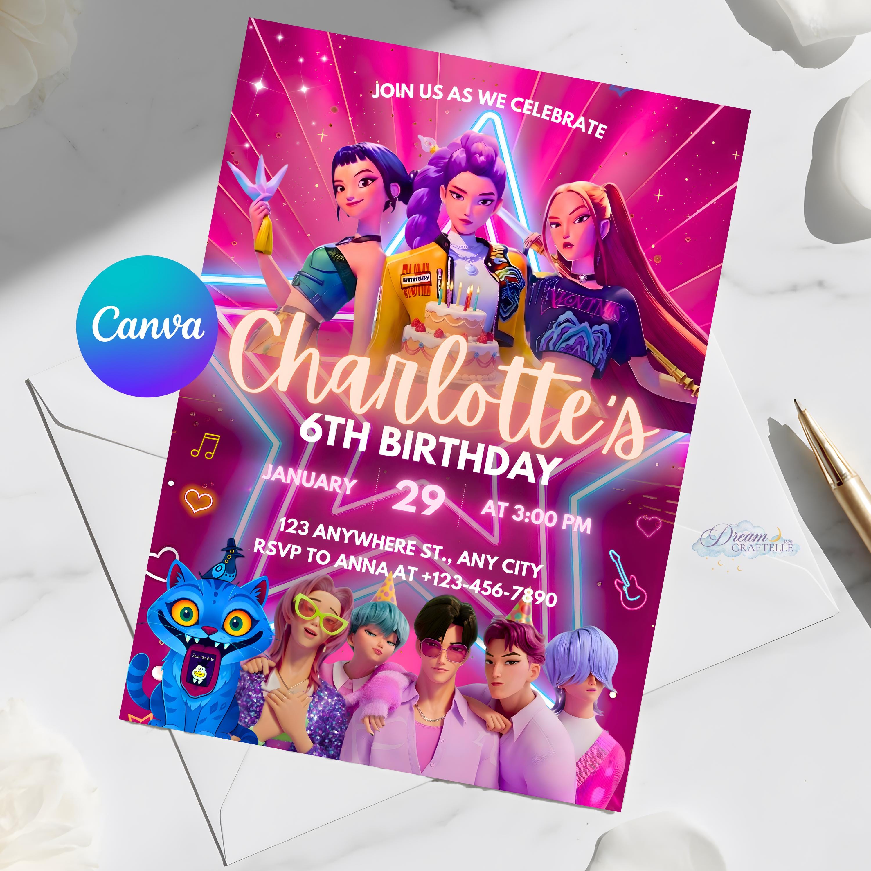 Kpop Demon Hunters Birthday Invitation, Editable Canva Template With ...