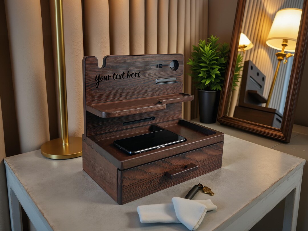 Personalized Wooden Desk Organizer Phone Stand Docking Station Charging ...
