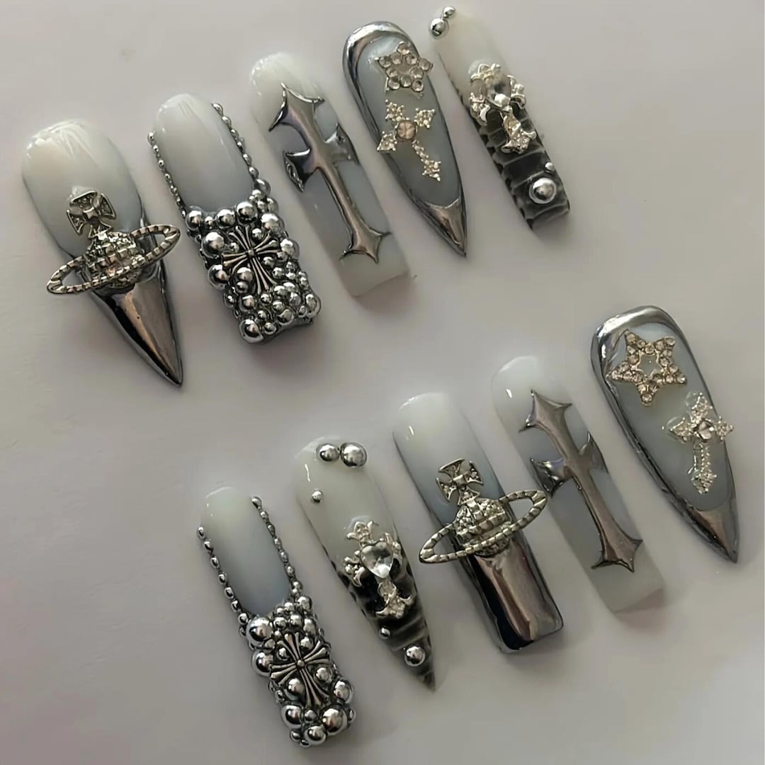 Gothic Silver Press on Nails | Chrome Cross Armor Nails | Luxury Spiked ...