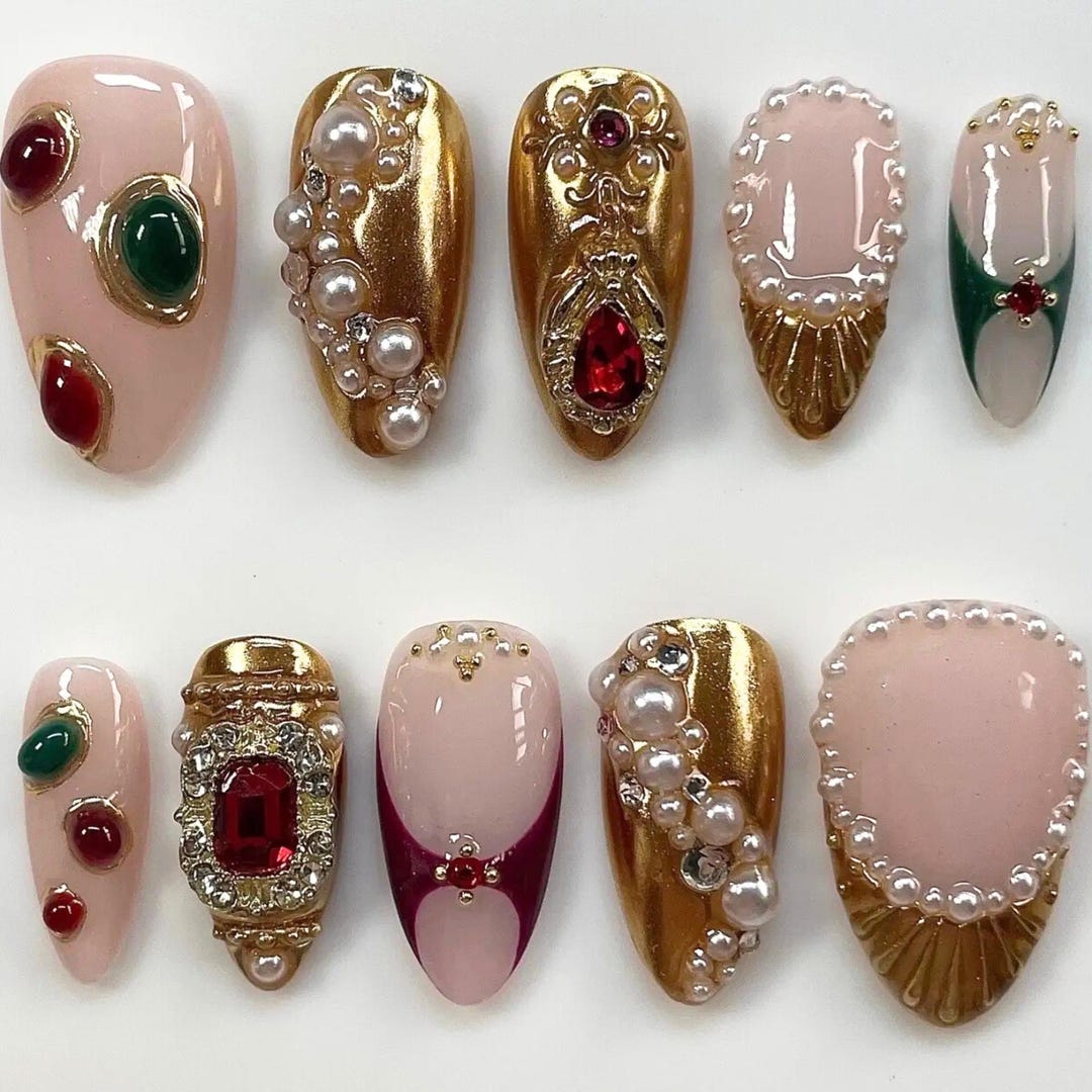 Luxury Gold Pearl Press on Nails, Baroque Gemstone Nails, Royal Red ...