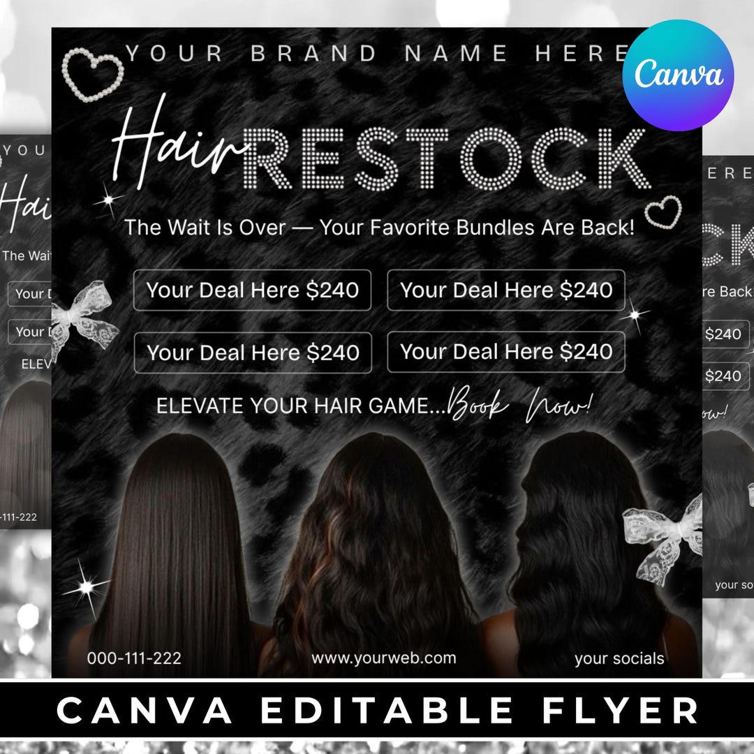 Editable Hair Restock Flyer: Black Glam Salon Template (canva) - Etsy
