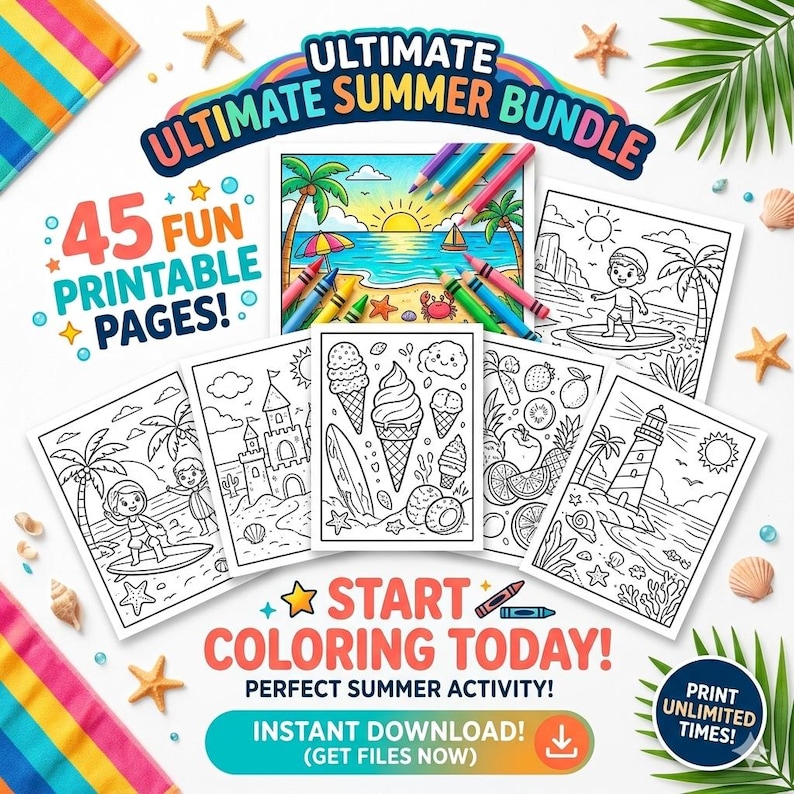 Summer Coloring Pages for Kids | Beach Tropical Activity Book (PDF ...