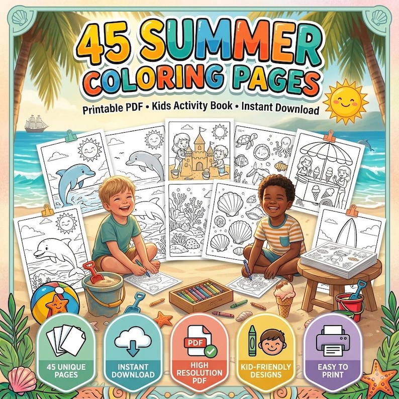 Summer Coloring Pages for Kids | Beach Tropical Activity Book (PDF ...