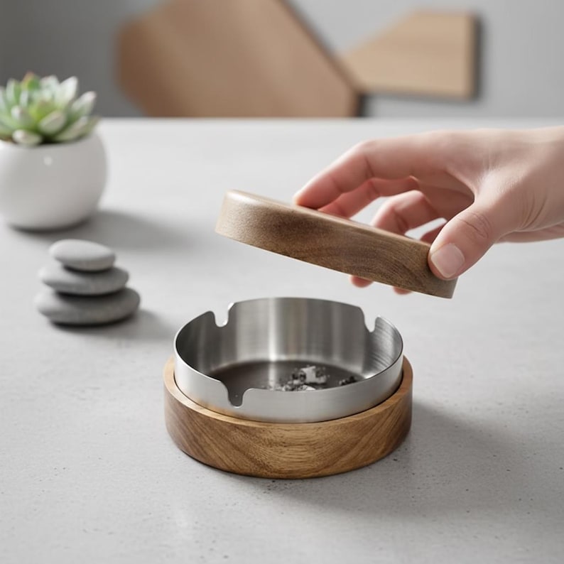 Acacia Wood Ashtray With Lid | Stainless Steel Ashtray Insert ...