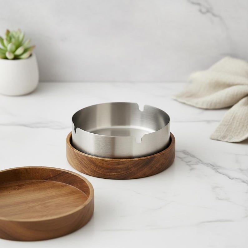 Acacia Wood Ashtray With Lid | Stainless Steel Ashtray Insert ...