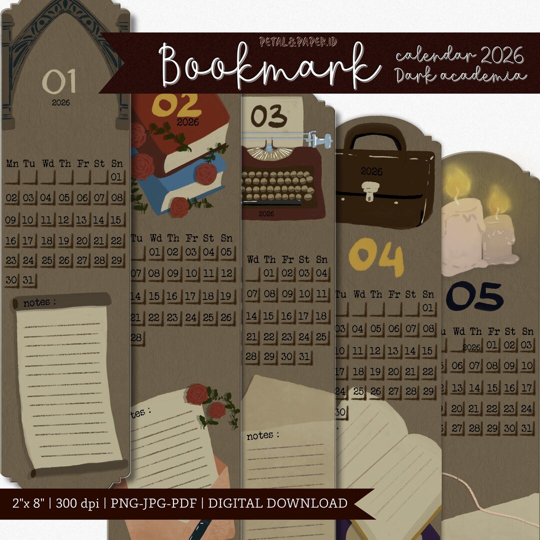 Dark Academia Bookmark Calendar 2026 | Printable Bookmark Calendar ...