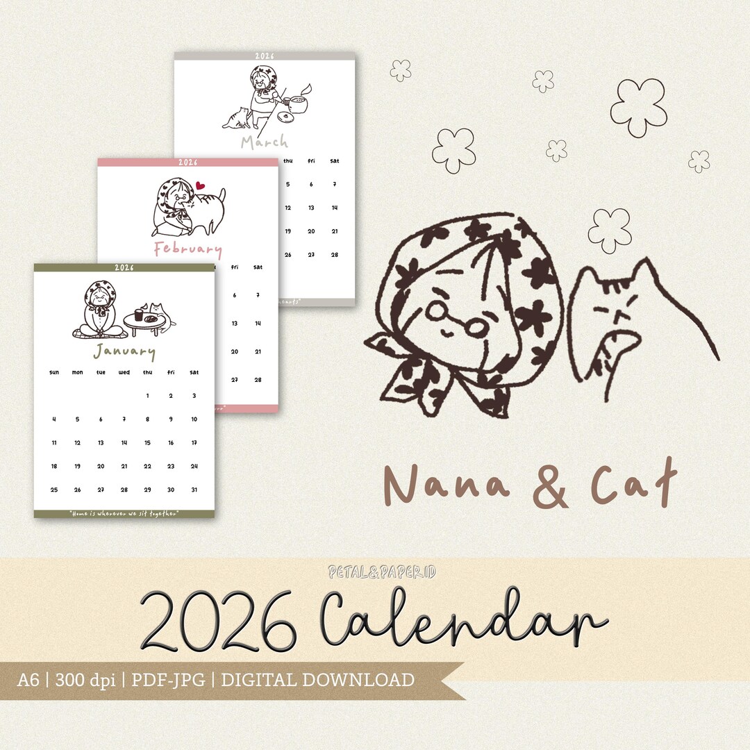 2026 Nana and Cat Calendar, Cozy A6 Illustration (digital Download ...