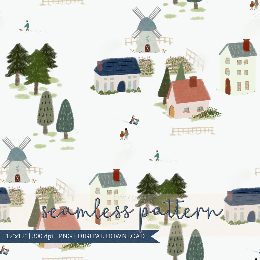 Winter Town Seamless Pattern PNG, Cozy Snow Village Digital Paper, Cold ...