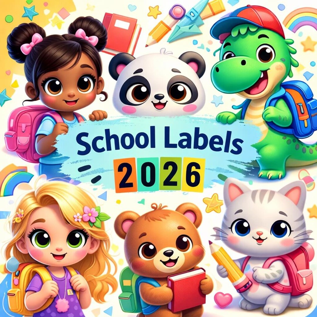 School Labels Template Designs Pets & Characters 2026 PNG Files ...