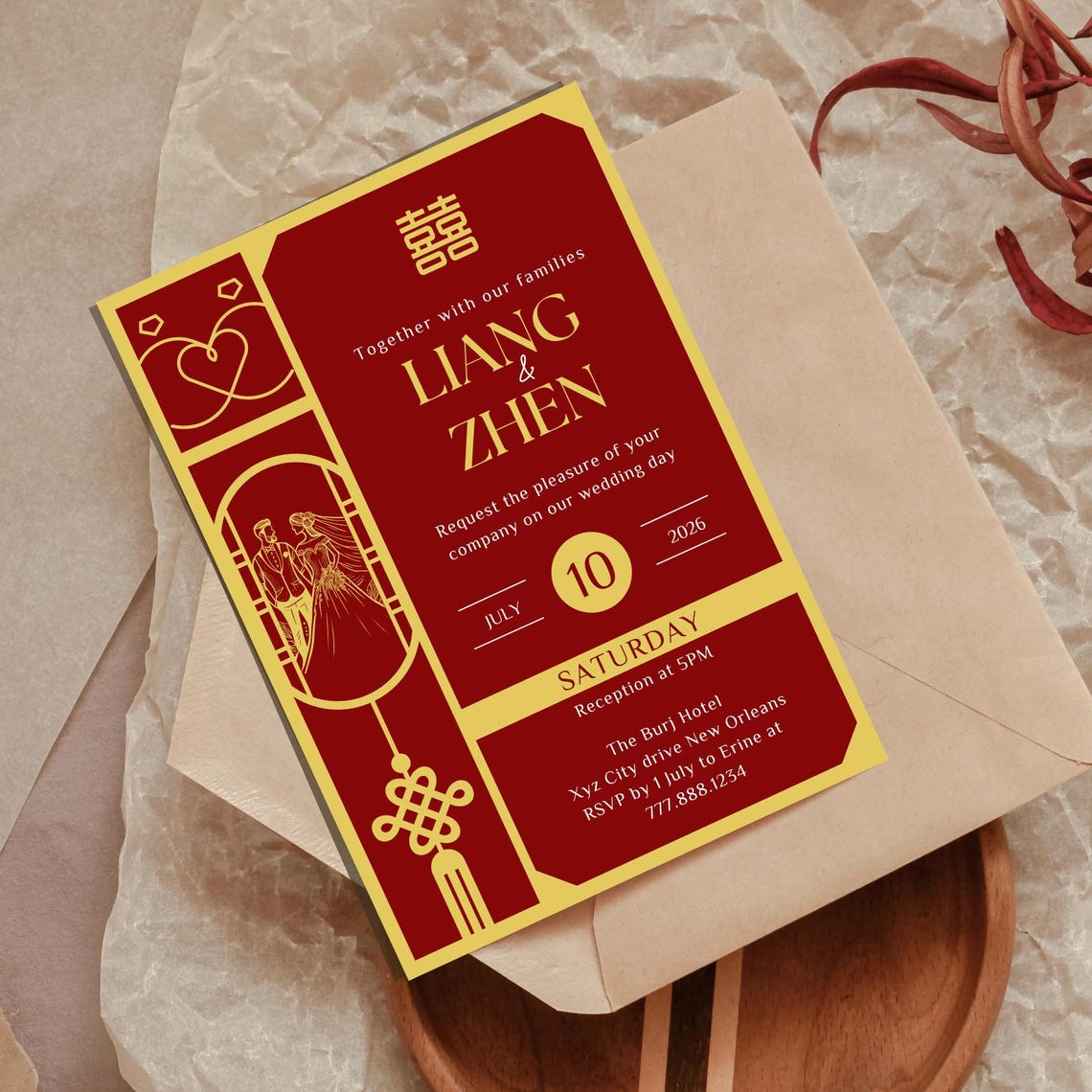 Chinese Wedding Invitation Card, Modern Oriental, Red Chinese Bilingual ...