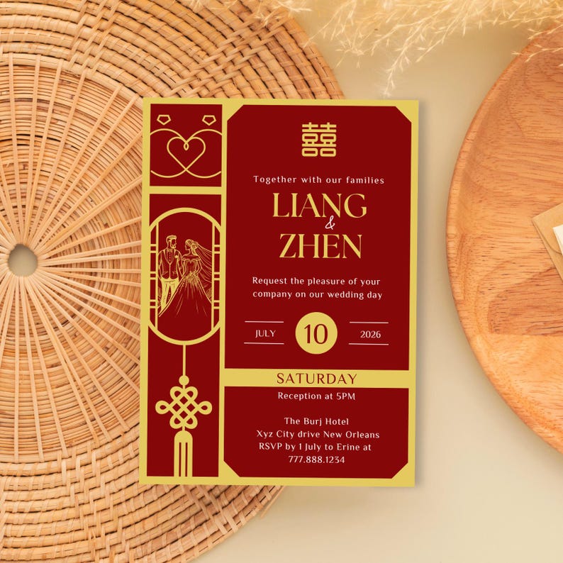 Chinese Wedding Invitation Card, Modern Oriental, Red Chinese Bilingual ...