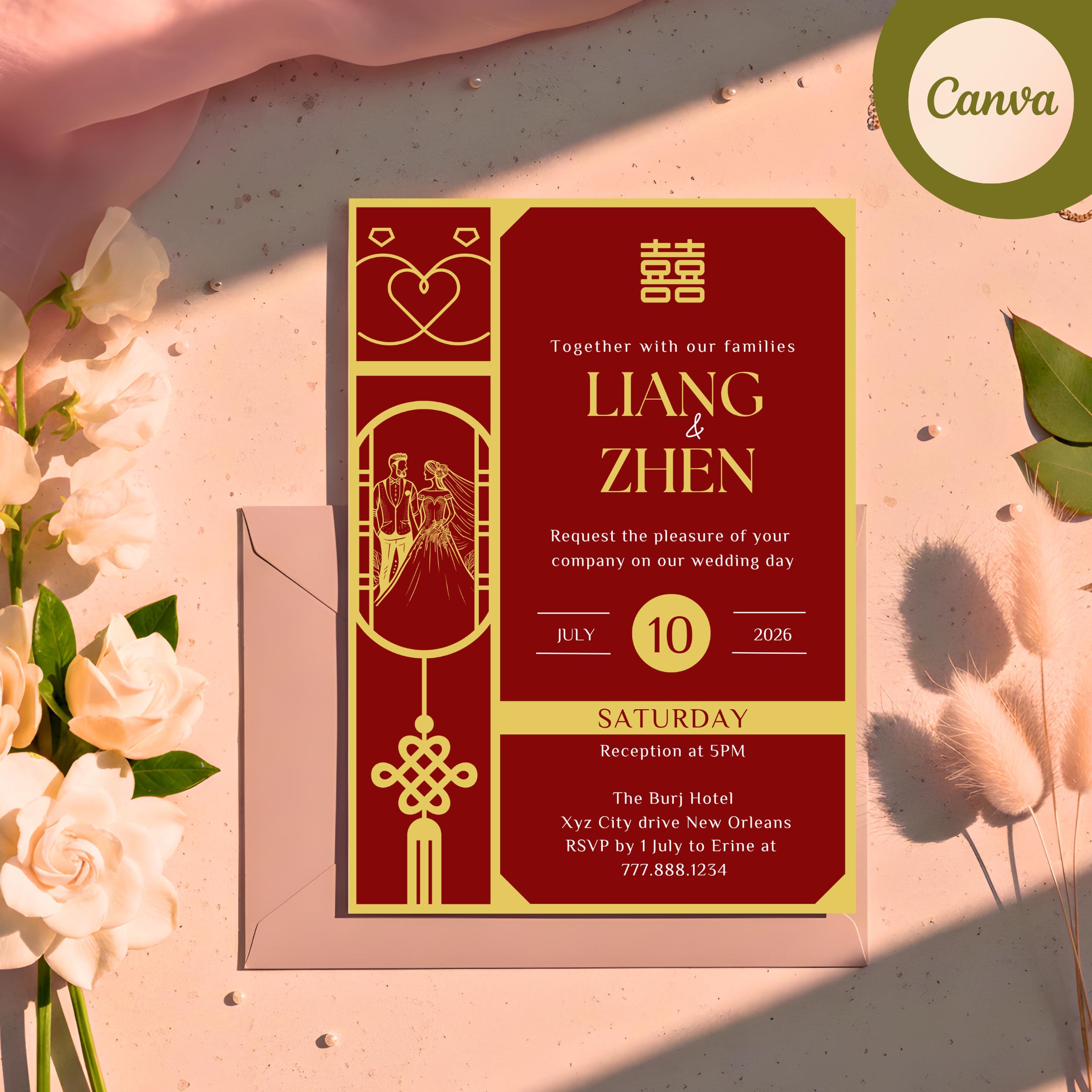 Chinese Wedding Invitation Card, Modern Oriental, Red Chinese Bilingual ...
