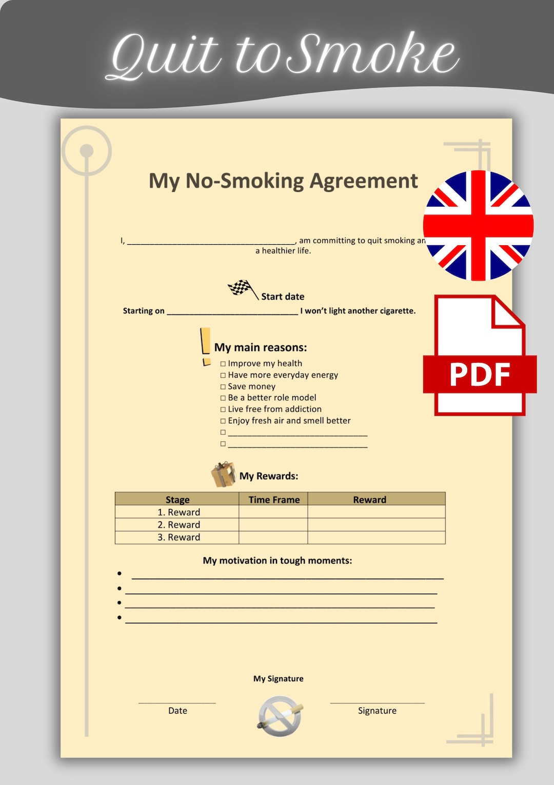 Quit Smoking Contract Printable PDF – Stop Smoking Agreement – Smoke ...