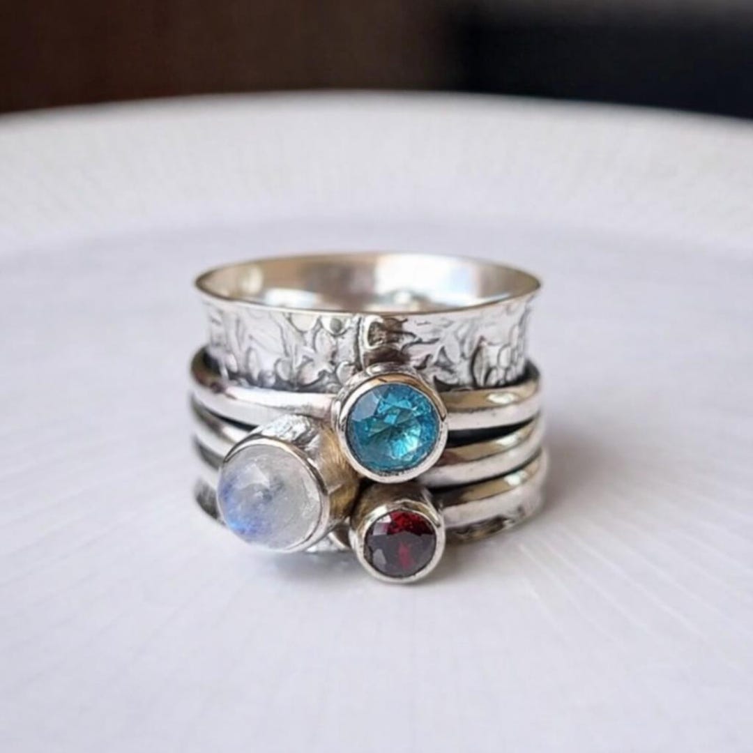 Sterling Silver Multi Stone Spinner Ring, Moonstone, Garnet, Topaz ...