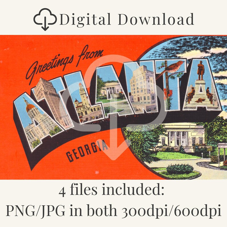 Atlanta Georgia Vintage Postcard - Large Letter Design (digital ...